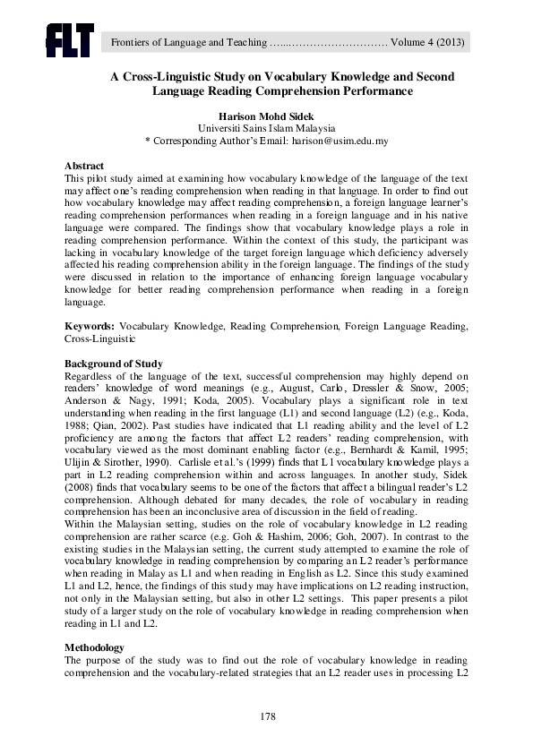 A Cross-Linguistic Study on Vocabulary Knowledge and Second Language Reading Comprehension ...