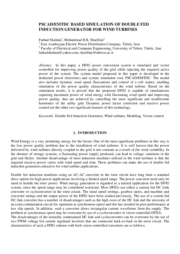 Pdf Pscad Emtdc Based Simulation Of Double Fed Induction Generator For Wind Turbines