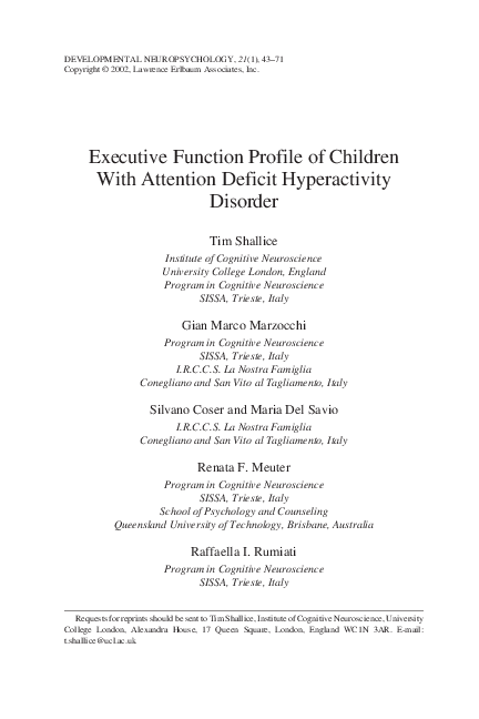 (PDF) Executive Function Profile of Children With Attention Deficit Hyperactivity Disorder
