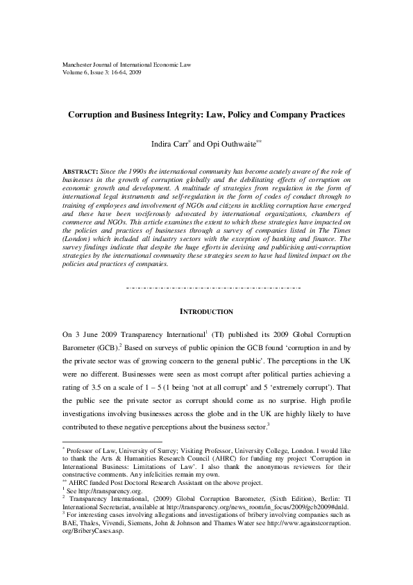 (PDF) Corruption and Business Integrity: Law, Policy and Company Practices