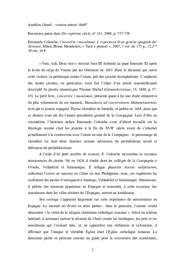 (DOC) Aurélien Girard, review of « Emanuele Colombo, Convertire i ...