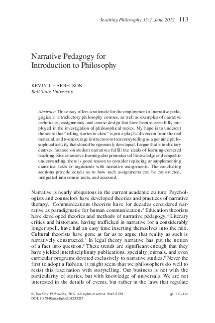 (PDF) Narrative Pedagogy for Introduction to Philosophy