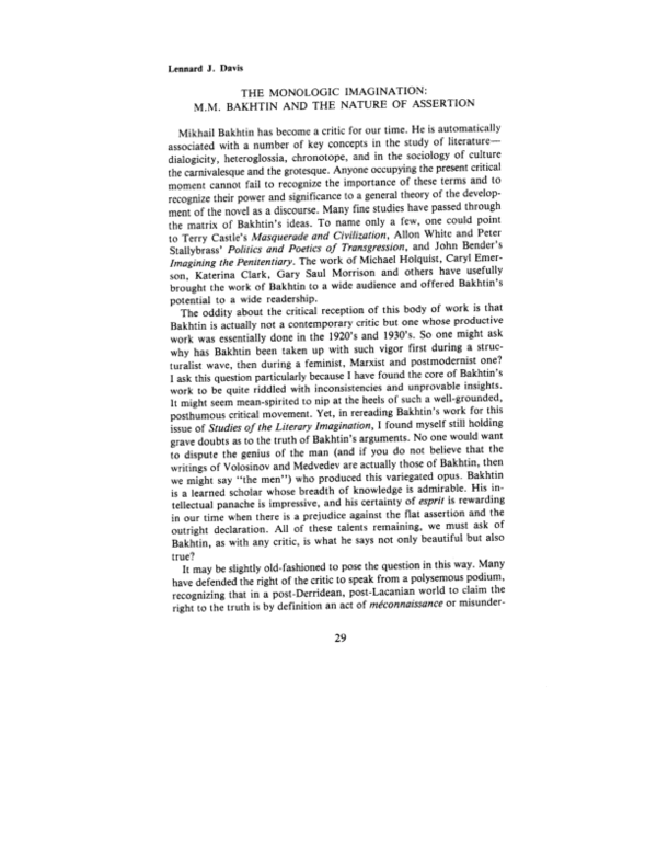 (PDF) The Monologic Imagination: MM Bakhtin and the Nature of Assertion
