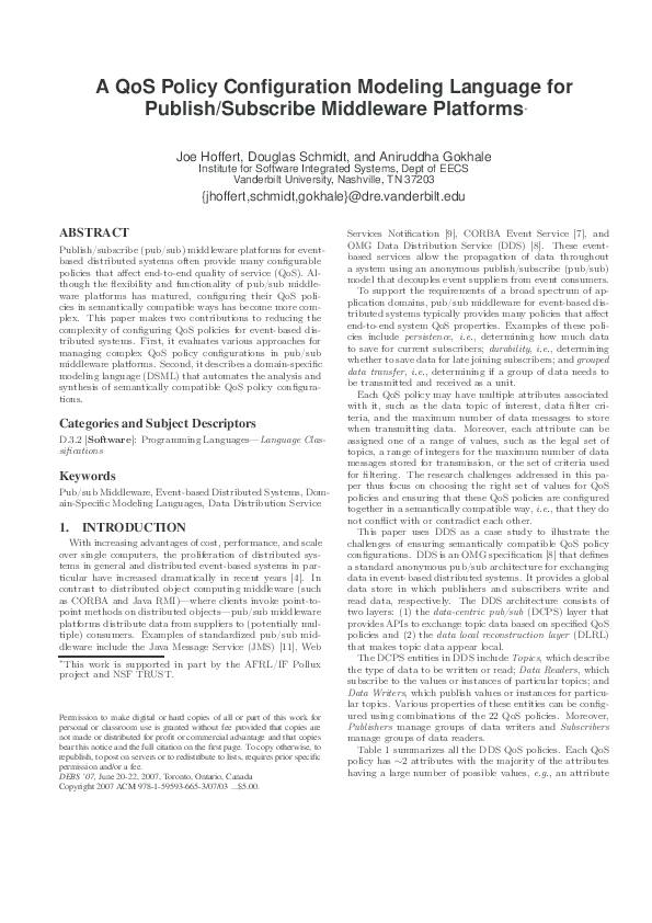 (PDF) A QoS policy configuration modeling language for publish/subscribe middleware platforms