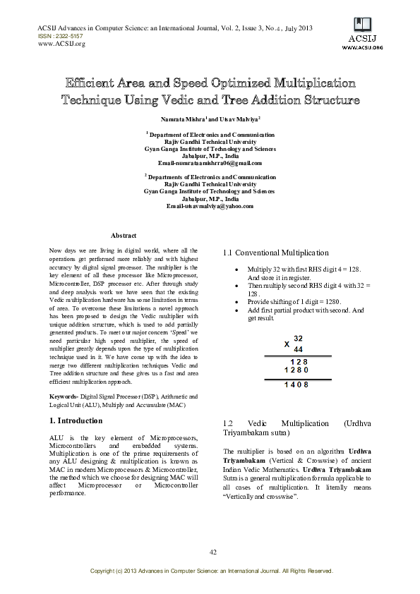 Pdf Efficient Area And Speed Optimized Multiplication Technique Using Vedic And Tree Addition