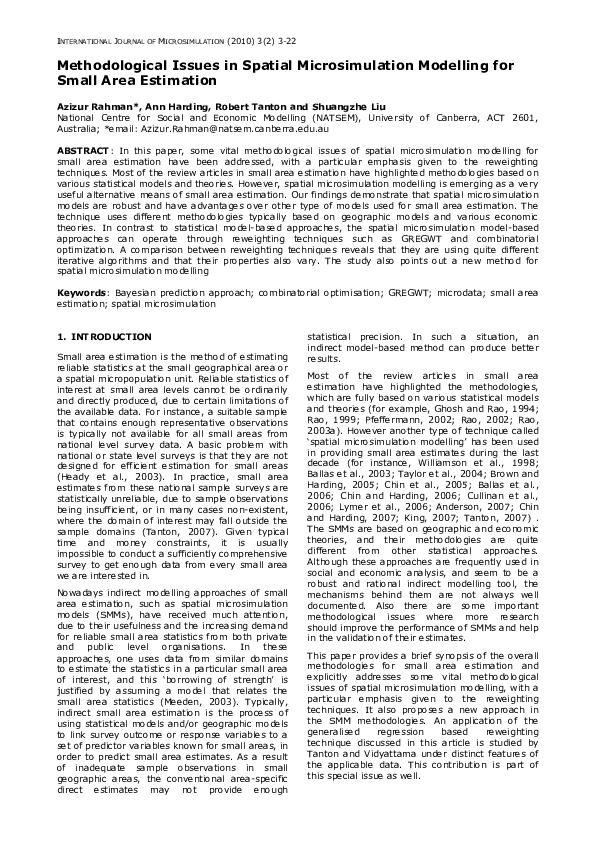 Pdf Methodological Issues In Spatial Microsimulation Modelling For Small Area Estimation