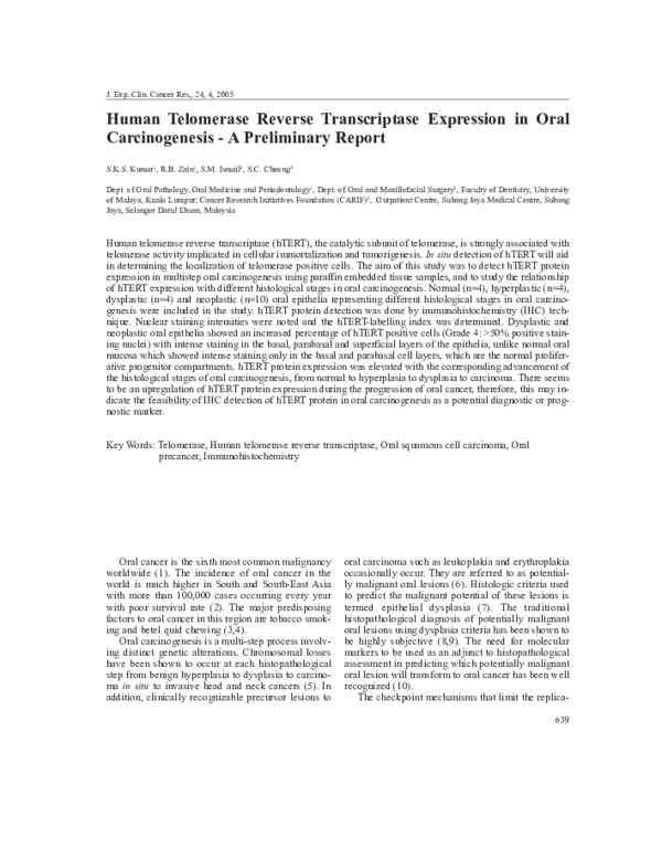 (PDF) Human telomerase reverse transcriptase expression in oral ...