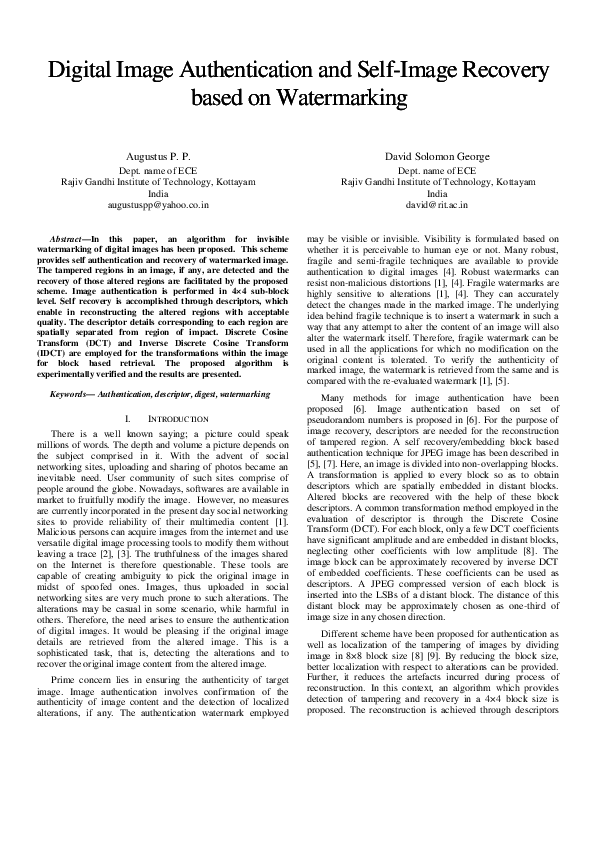 (PDF) Digital Image Authentication and Self-Image Recovery based on Watermarking