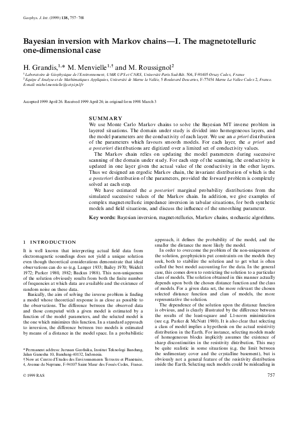 Pdf Bayesian Inversion With Markov Chains—i The Magnetotelluric One Dimensional Case 5560