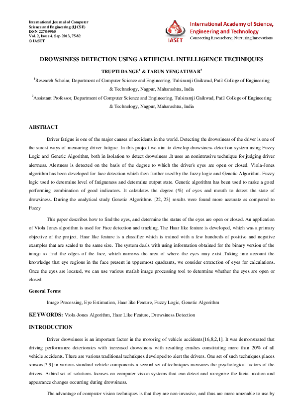 (PDF) DROWSINESS DETECTION USING ARTIFICIAL INTELLIGENCE TECHNIQUES