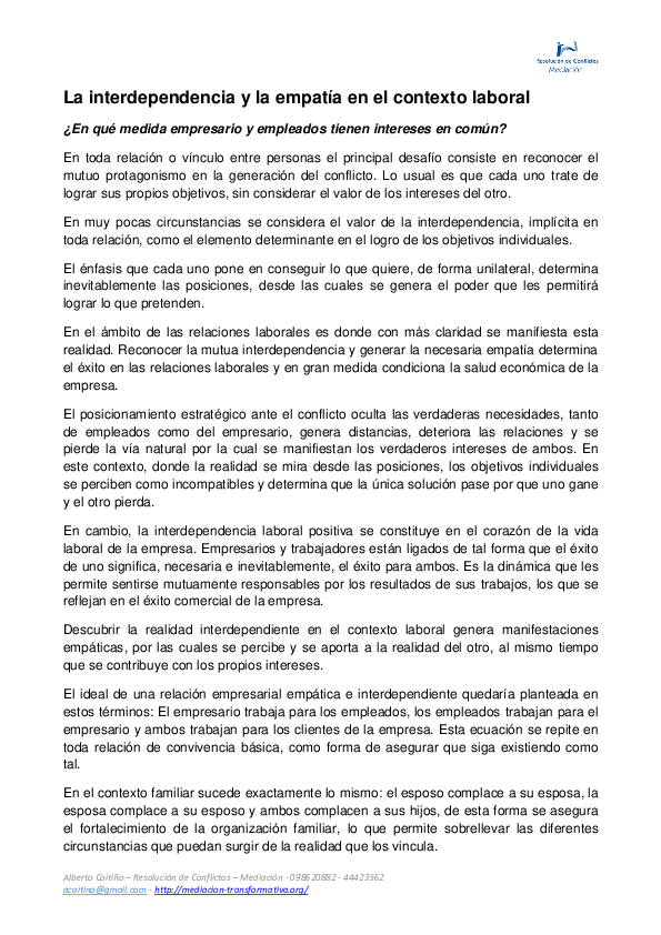 (PDF) La interdependencia y la empatía en el contexto laboral