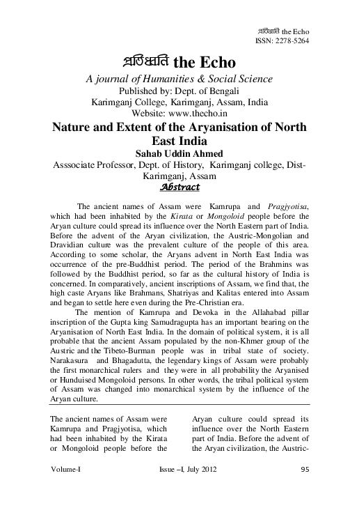 (PDF) Nature and Extent of the Aryanisation of North East India