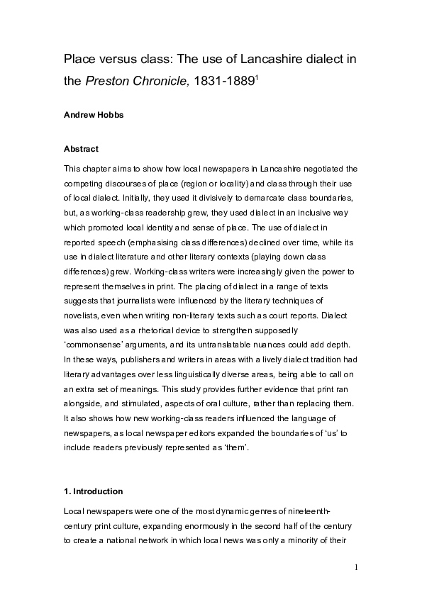 (DOC) Class and Dialect in Victorian Local Newspapers: Lancashire’s ...