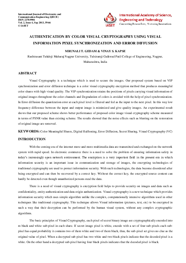 (PDF) AUTHENTICATION BY COLOR VISUAL CRYPTOGRAPHY USING VISUAL INFORMATION PIXEL SYNCHRONIZATION ...