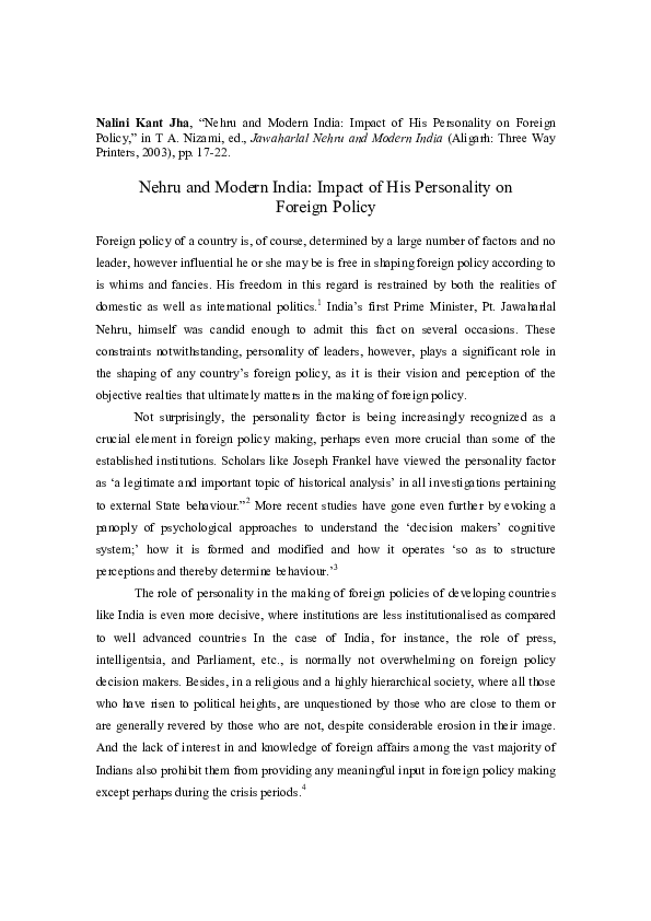 (PDF) Nehru and Modern India: Impact of His Personality on Foreign Policy