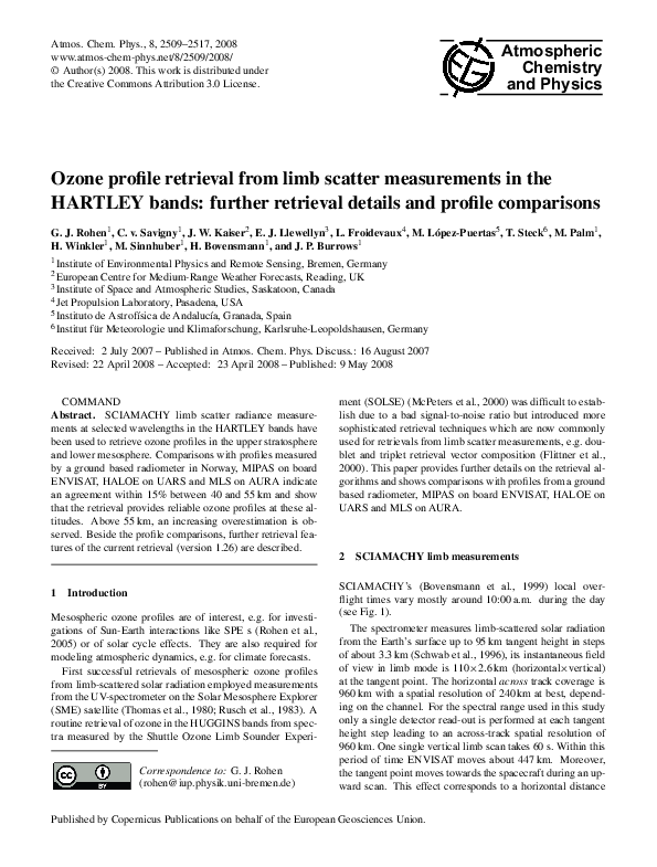 (PDF) Ozone profile retrieval from limb scatter measurements in the ...