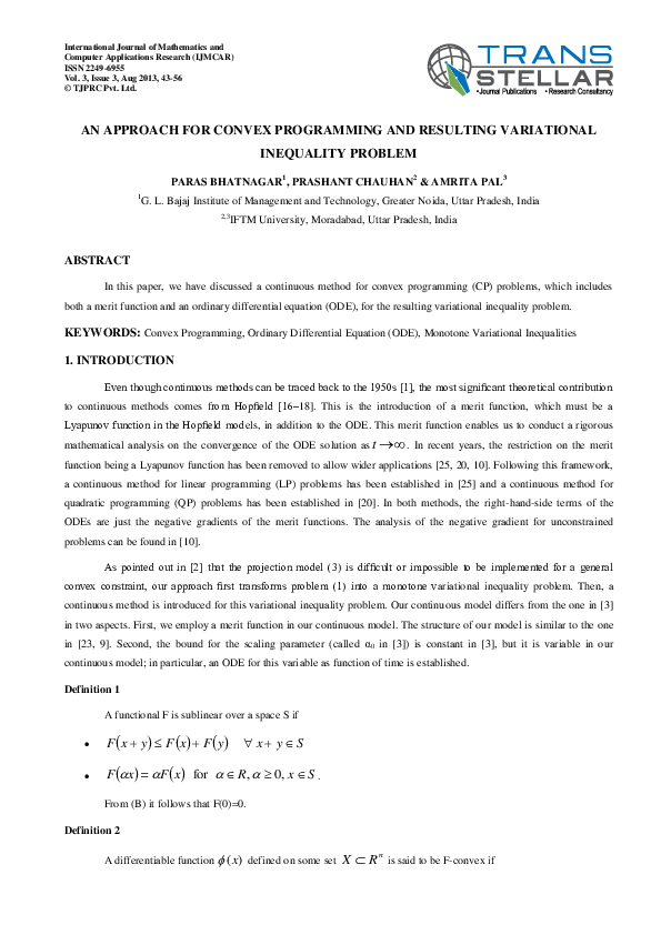 (PDF) AN APPROACH FOR CONVEX PROGRAMMING AND RESULTING VARIATIONAL INEQUALITY PROBLEM