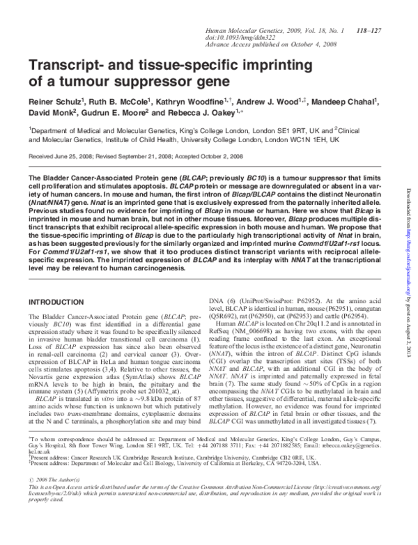 (PDF) Transcript and tissue-specific imprinting of a tumour suppressor gene