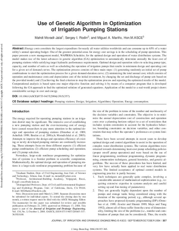Pdf Use Of Genetic Algorithm In Optimization Of Irrigation Pumping Station