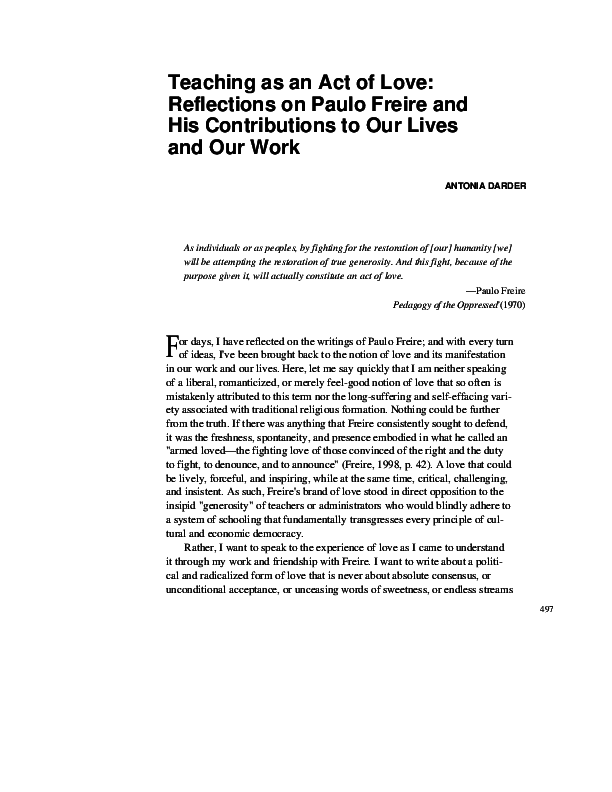(PDF) Teaching as an Act of Love Reflections on Paulo Freire and His ...