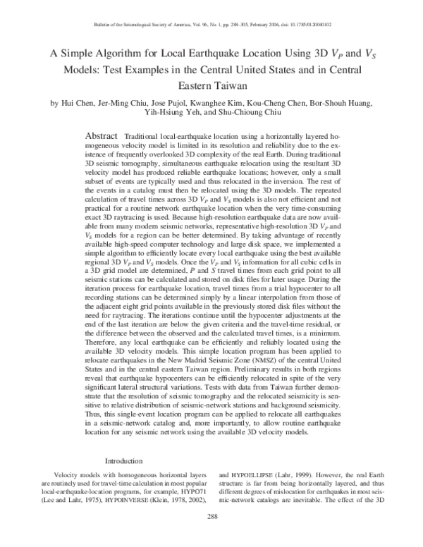 Pdf A Simple Algorithm For Local Earthquake Location Using 3d Vp And Vs Models Test Examples