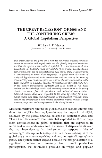 (PDF) The 'Great Recession' of 2008 and the Continuing Crisis: A Global ...