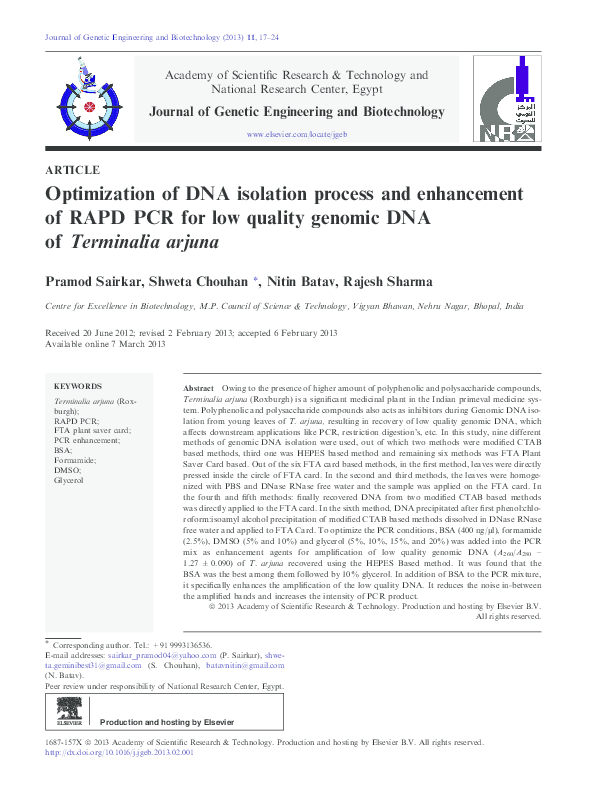 Optimization Of Dna Isolation Process And Enhancement Of Rapd Pcr For Low Quality Genomic Dna Of
