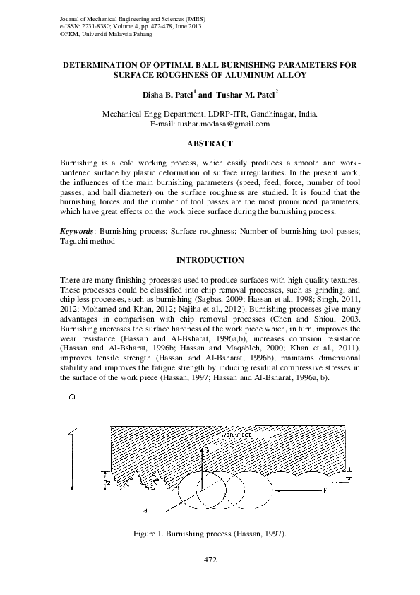 Pdf Determination Of Optimal Ball Burnishing Parameters For Surface