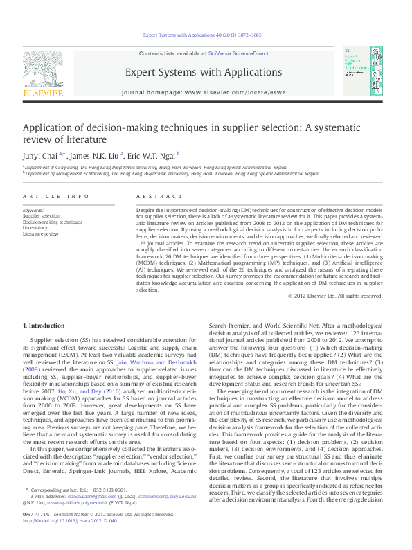 (PDF) Application of decision-making techniques in supplier selection ...