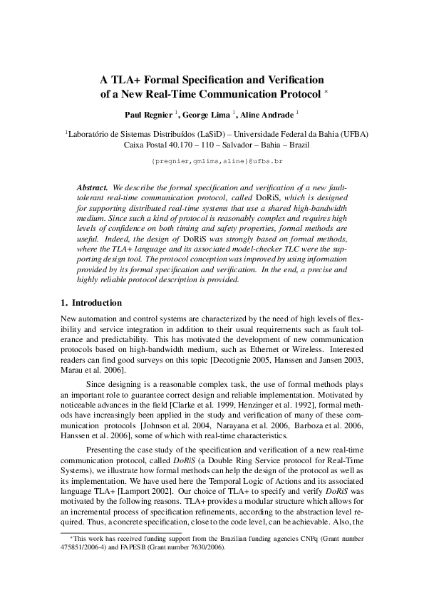 (PDF) A TLA+ Formal Specification and Verification of a New Real-Time Communication Protocol