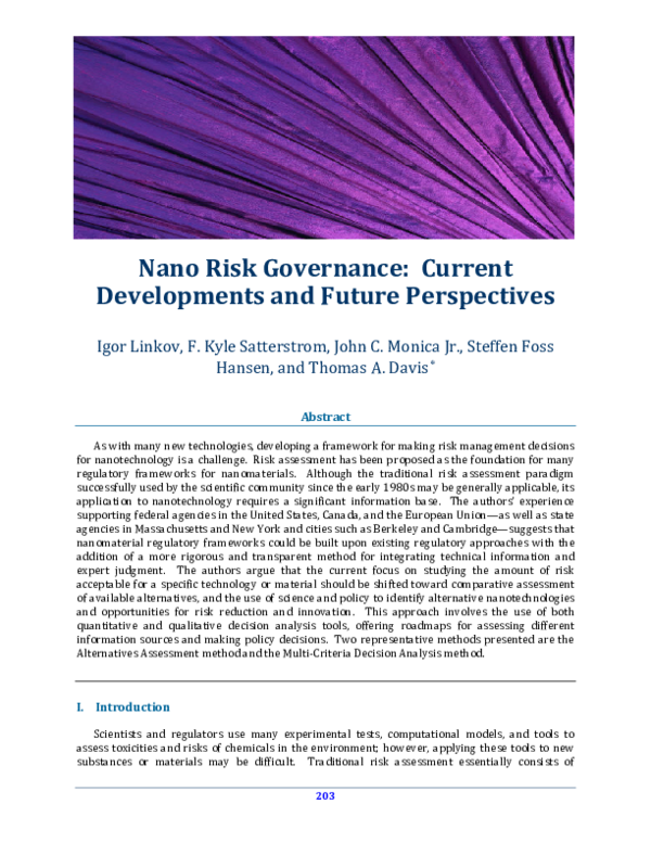 (PDF) Nano Risk Governance: Current Developments and Future Perspectives
