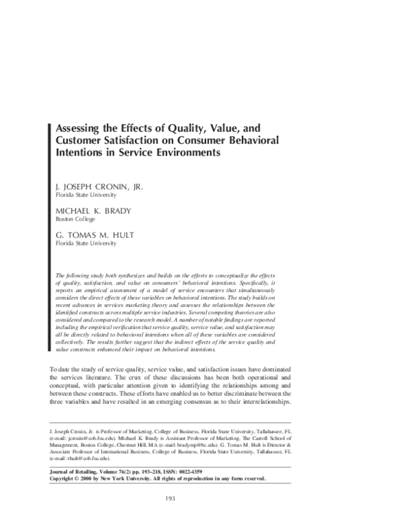 (PDF) Assessing the Effects of Quality, Value, and Customer ...