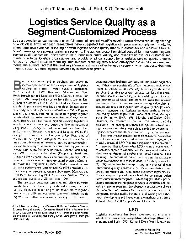 (PDF) Logistics Service Quality as a Segment-Customized Process