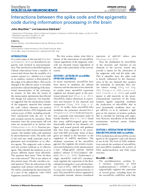 (PDF) Interactions between the spike code and the epigenetic code during information processing ...