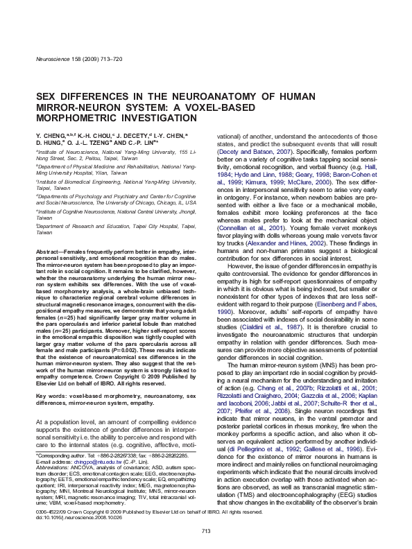 Pdf Sex Differences In The Neuroanatomy Of Human Mirror Neuron System