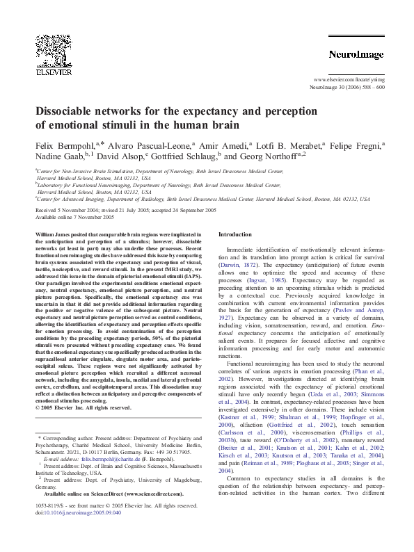 (PDF) Dissociable networks for the expectancy and perception of emotional stimuli in the human brain