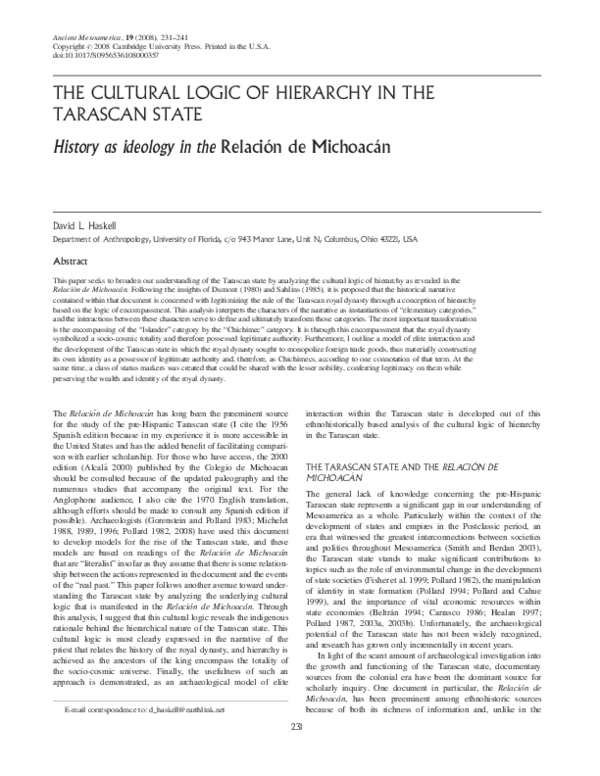 (PDF) THE CULTURAL LOGIC OF HIERARCHY IN THE TARASCAN STATE History as ...