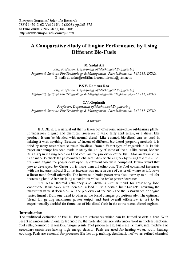 (PDF) A Comparative Study of Engine Performance by Using Different Bio-Fuels