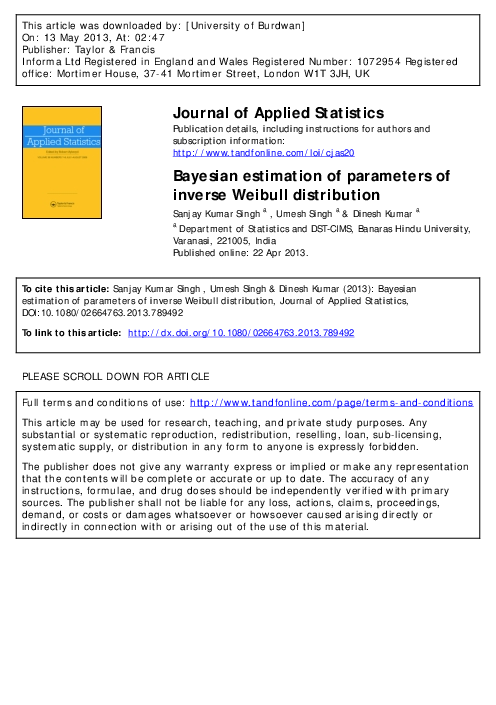Pdf Bayesian Estimation Of Parameters Of Inverse Weibull Distribution Dinesh Kumar