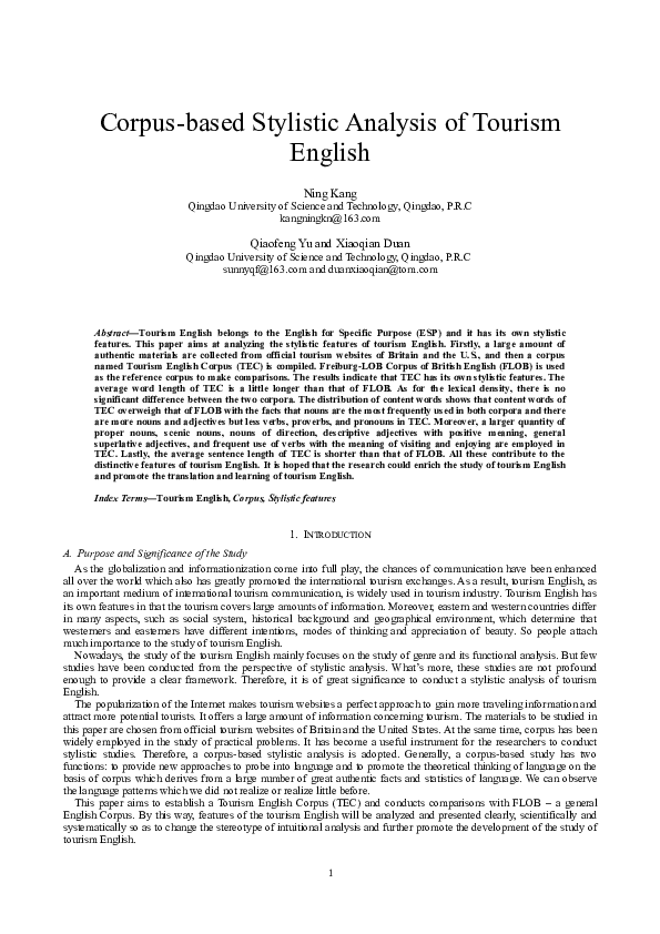 (DOC) Corpus based stylistic analysis of tourism English1