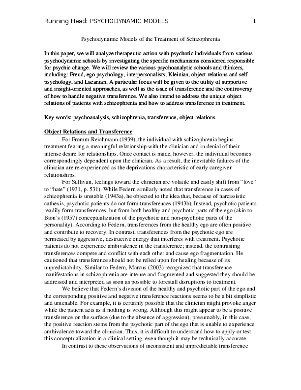 (DOC) Psychodynamic Models of the Treatment of Schizophrenia
