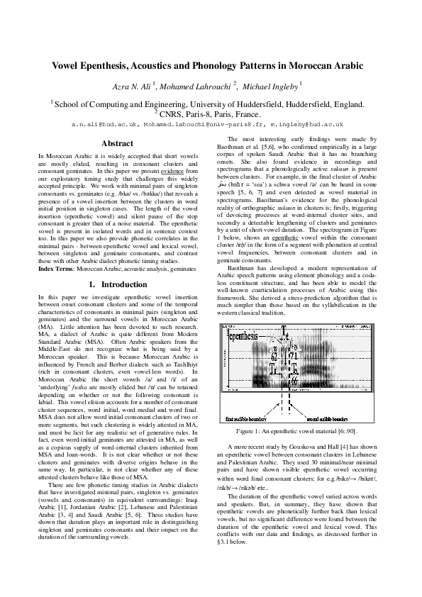 (PDF) Vowel epenthesis, acoustics and phonology patterns in Moroccan Arabic