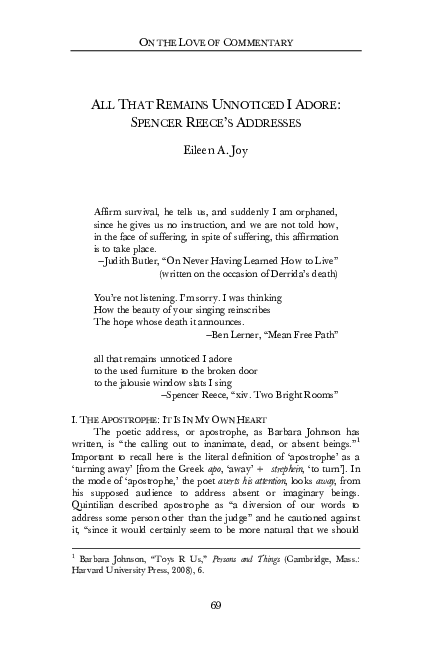 (PDF) All That Goes Unnoticed I Adore: Spencer Reece's Addresses