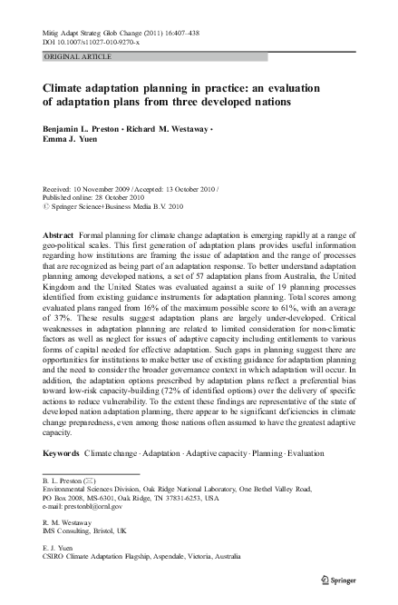 (PDF) Climate adaptation planning in practice: an evaluation of ...
