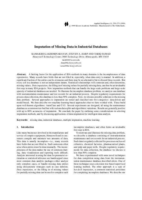 (PDF) Imputation of Missing Data in Industrial Databases