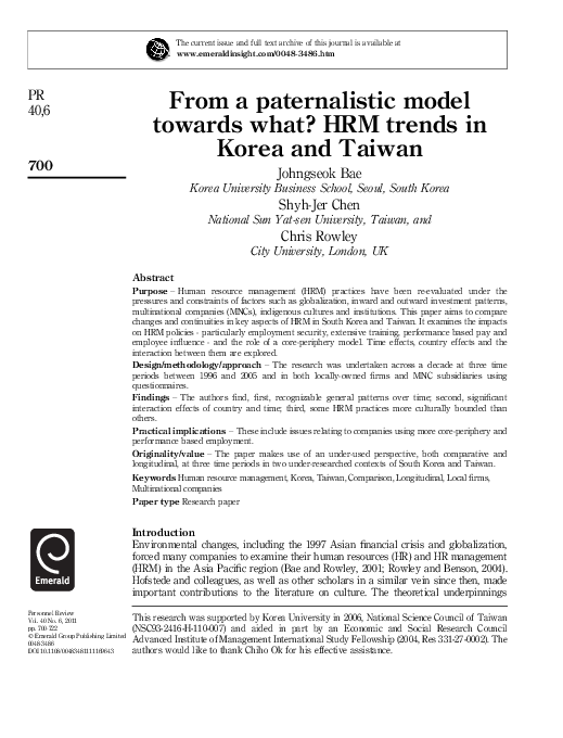 (PDF) From a paternalistic model towards what? HRM trends in Korea and ...