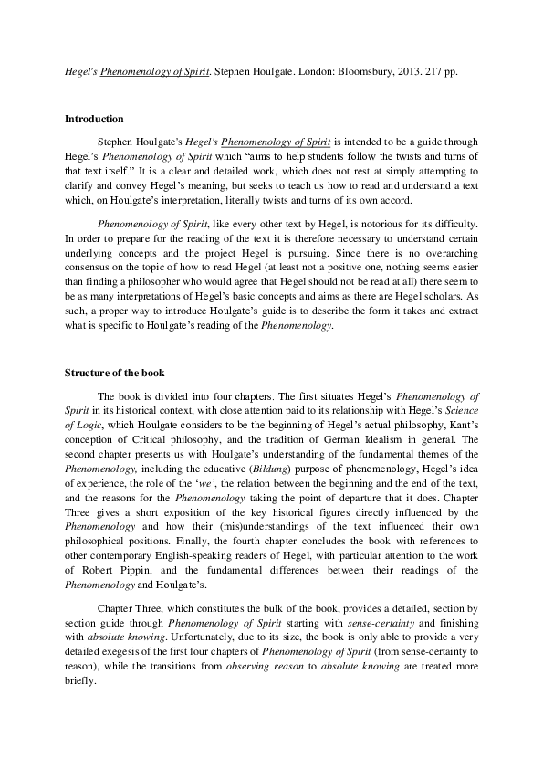 (PDF) "Hegel's Phenomenology of Spirit" by Stephen Houlgate. London ...