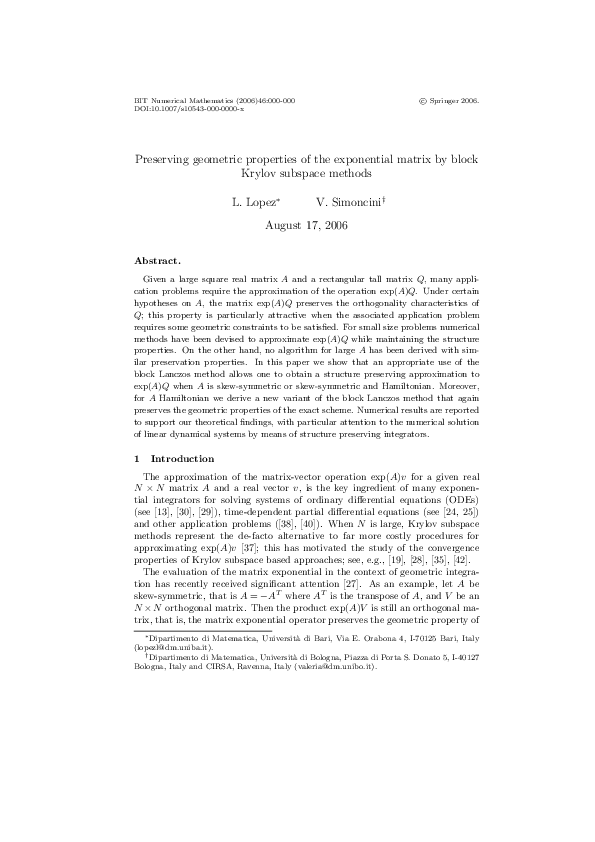 Pdf Preserving Geometric Properties Of The Exponential Matrix By Block Krylov Subspace Methods