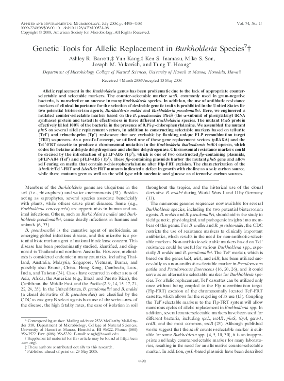 (PDF) Genetic Tools for Allelic Replacement in Burkholderia Species