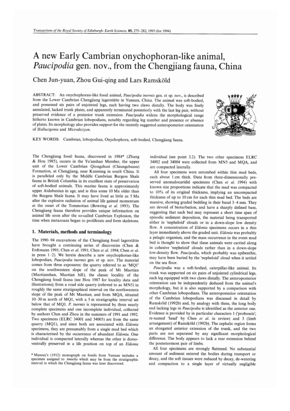 (PDF) A new Early Cambrian onychophoran-like animal, Paucipodia gen ...